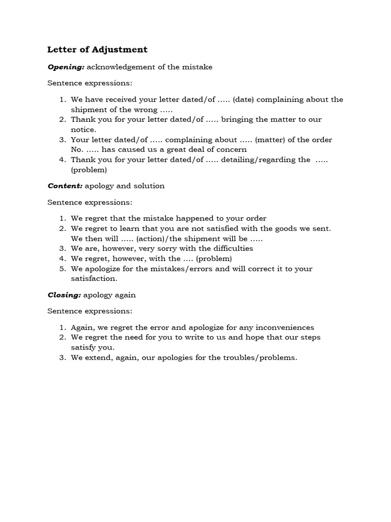 Letter of Adjustment | PDF