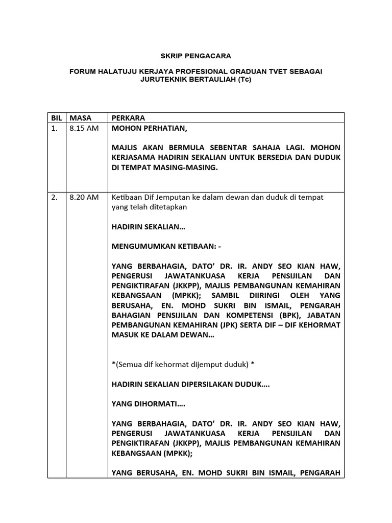 SKRIP EMCEE FORUM HALATUJU KERJAYA PROFESIONAL GRADUAN TVET SEBAGAI ...
