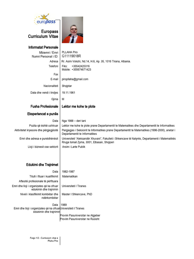 CV Europas Shqip Piro Pllaha | PDF