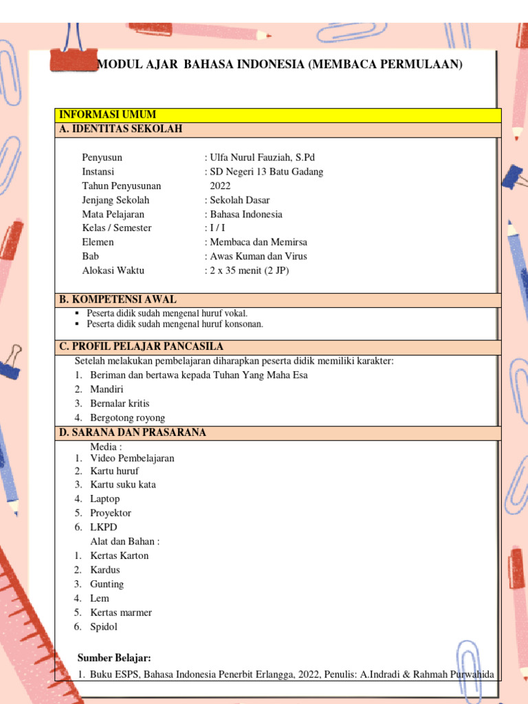 Modul Ajar Bahasa Indonesia (Membaca Permulaan) : Informasi Umum A ...