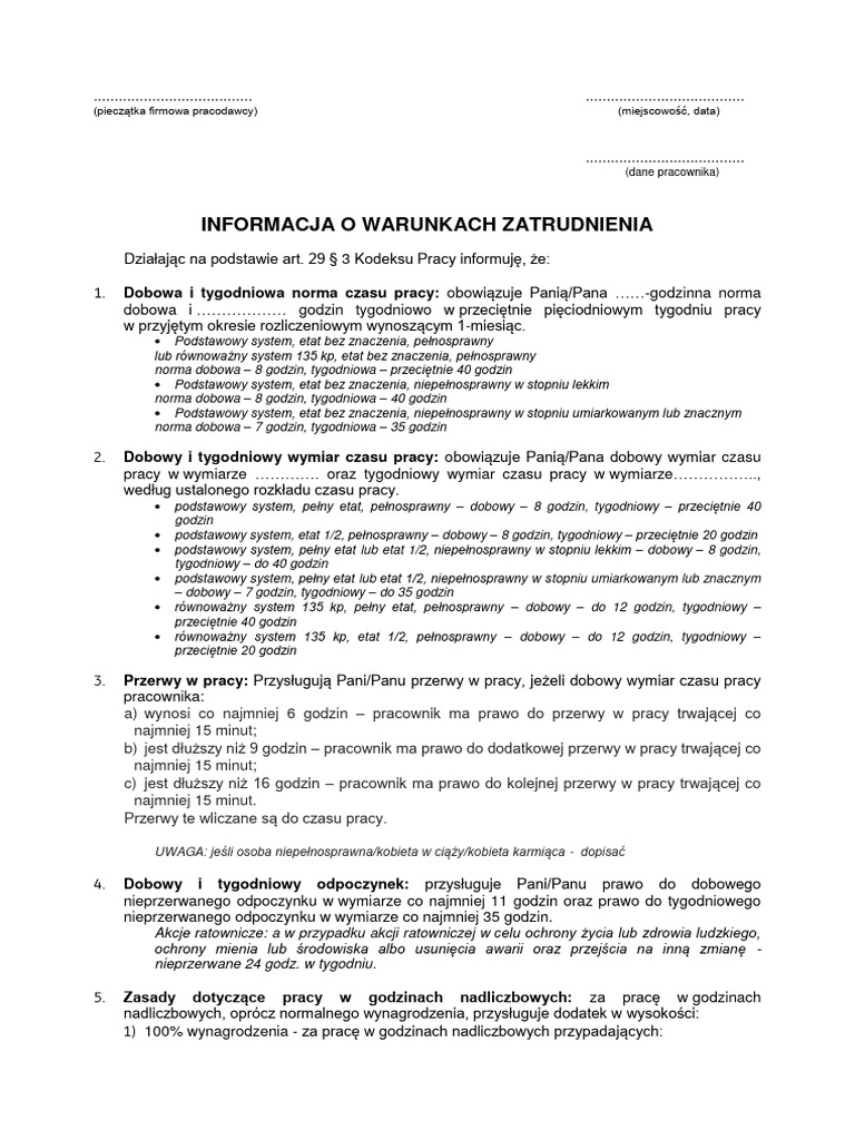 Informacja o Warunkach Zatrudnienia | PDF