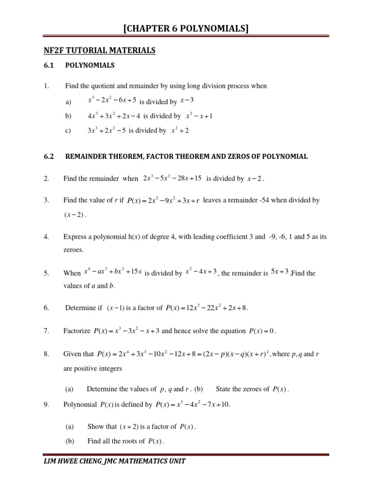 Self Extra Exercises Polynomials | PDF | Factorization | Polynomial