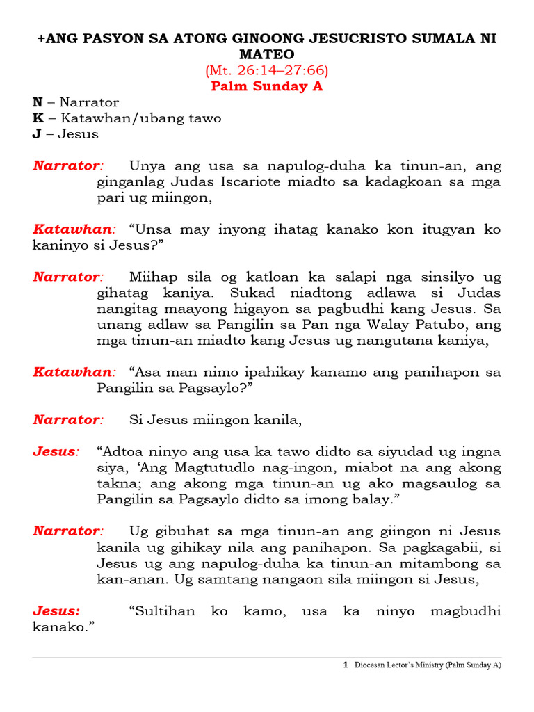 Ang Pasyon Sa Atong Ginoong Jesucristo Sumala Ni Mateo Palm Sunday A | PDF