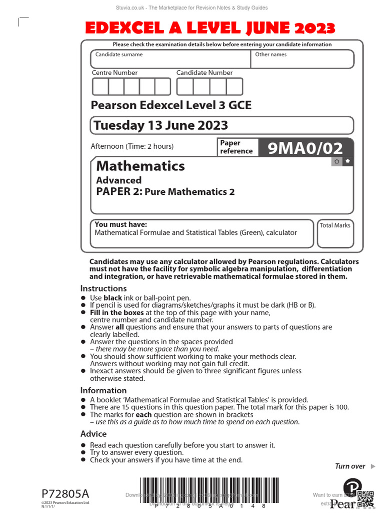 Stuvia 3040786 Edexcel A Level Maths 2306 9ma0 02 A Level Pure ...