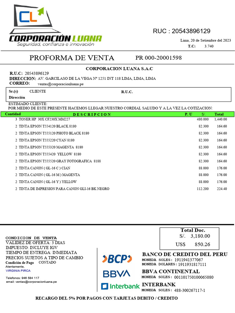 Proforma de Venta: Corporacion Luana S.A.C | PDF