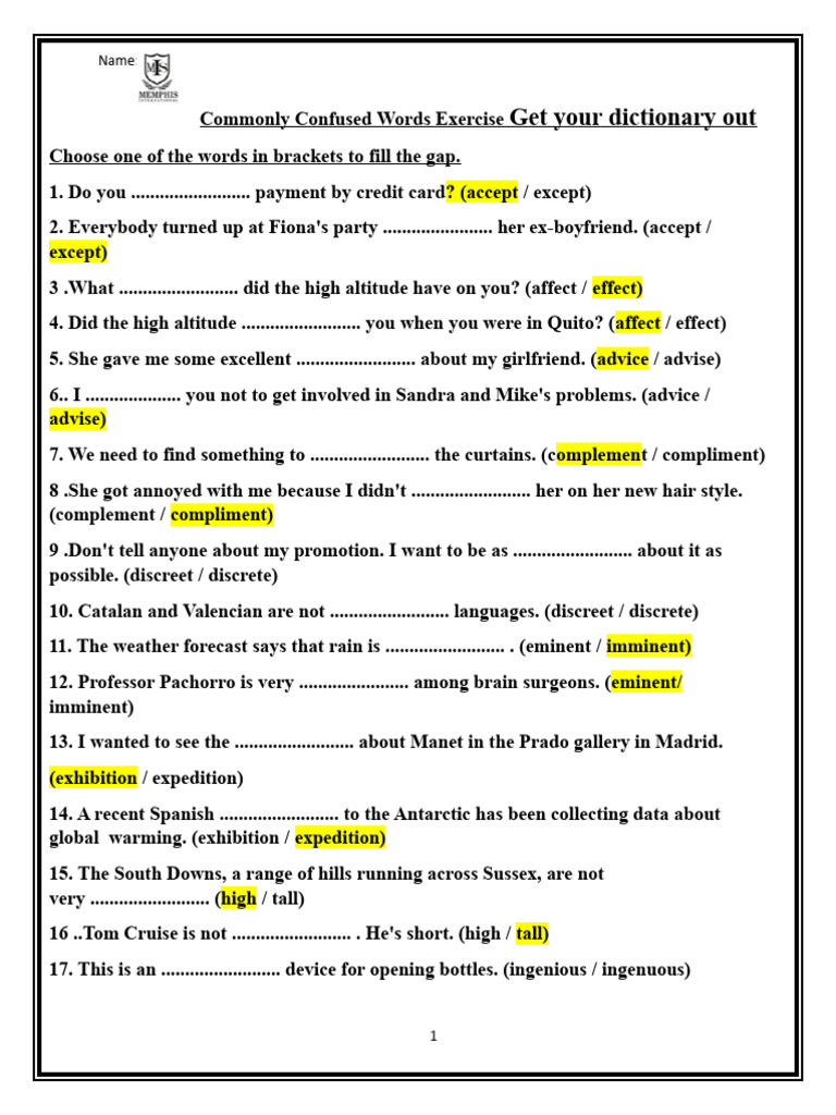 Commonly Confused Words Exercise Get Your Dictionary Out - Answers ...