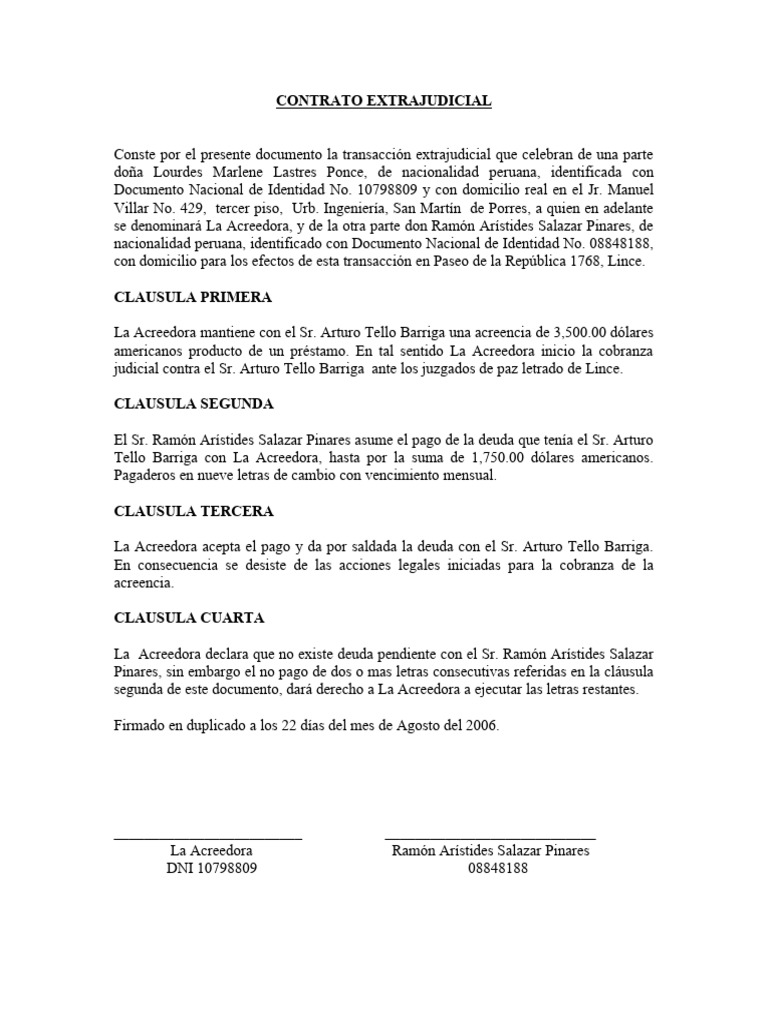 Contrato de Transacción Extrajudicial | PDF