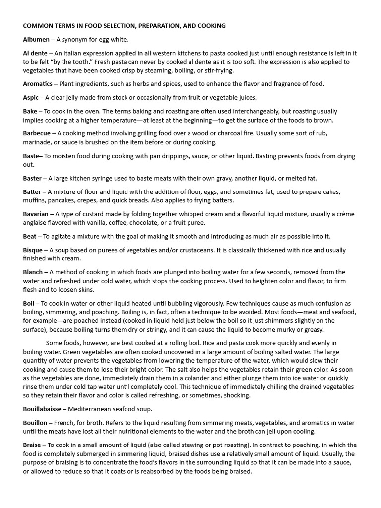 Essential Cooking Terms Explained | PDF | Custard | Cooking