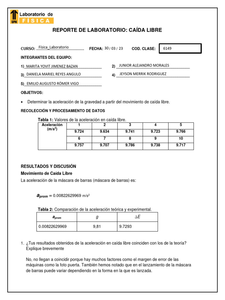 Reporte Lab Fisi1 S02 CL | PDF | Gravedad | Física