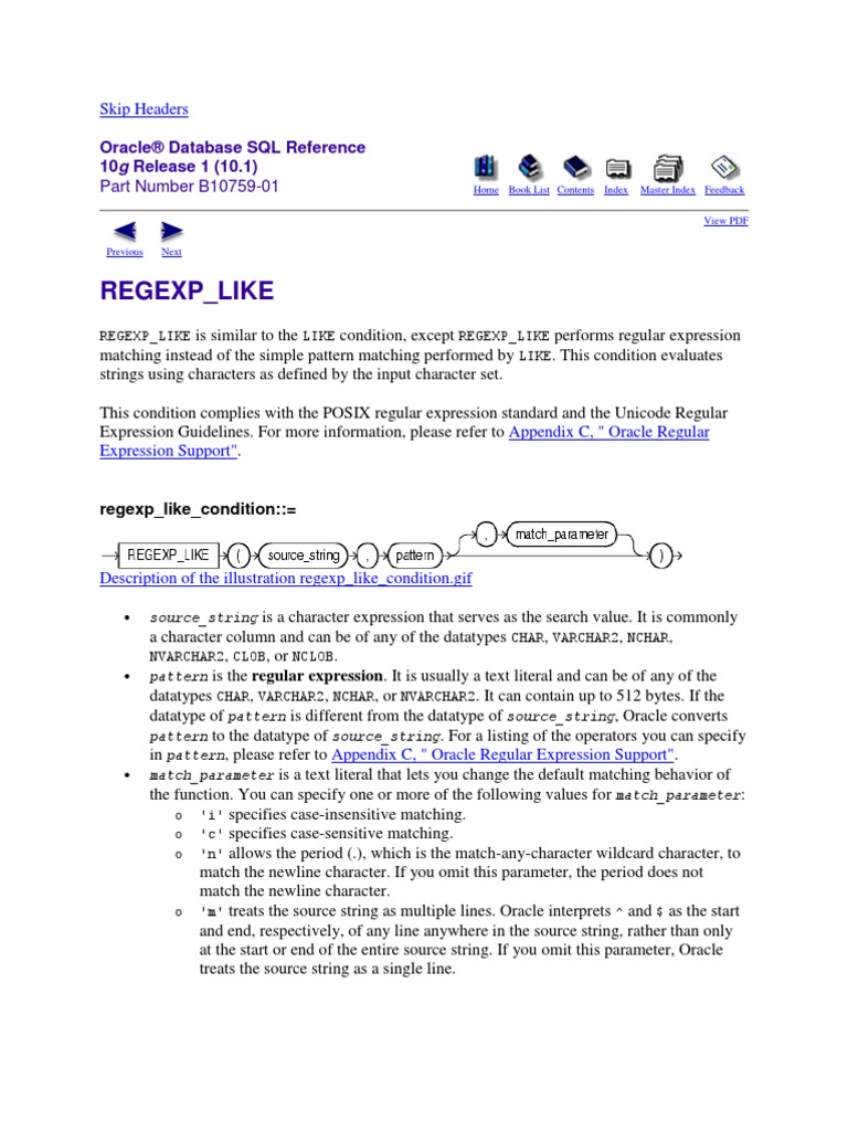 Regexp Like Oracle® Database Sql Reference 10g Release 1 101 Pdf Regular Expression Sql 0487