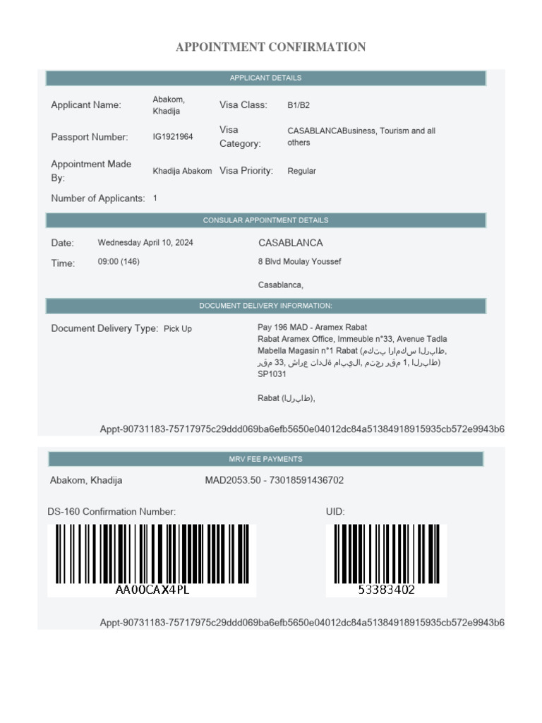 Aramex Visa Appointment Confirmation | PDF | Travel Visa | Passport