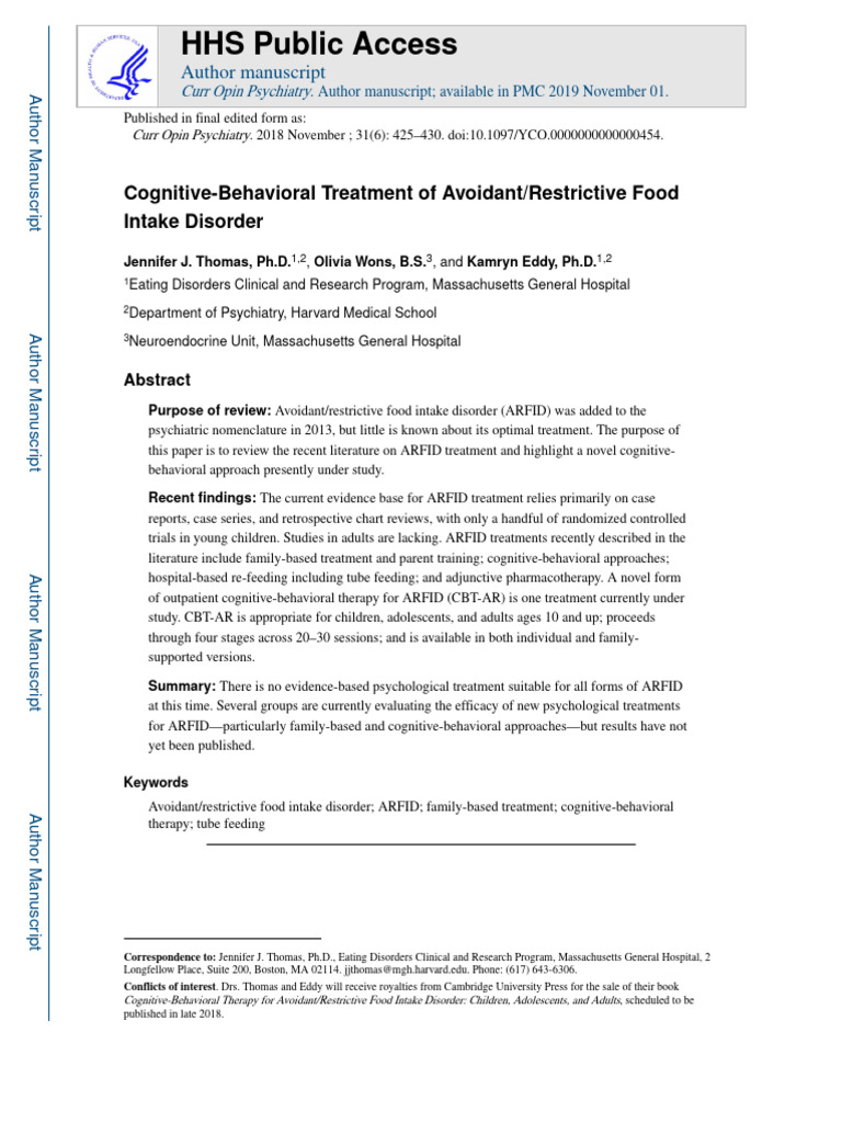 Cognitive-Behavioral Treatment of Avoidant - Restrictive Food Intake ...