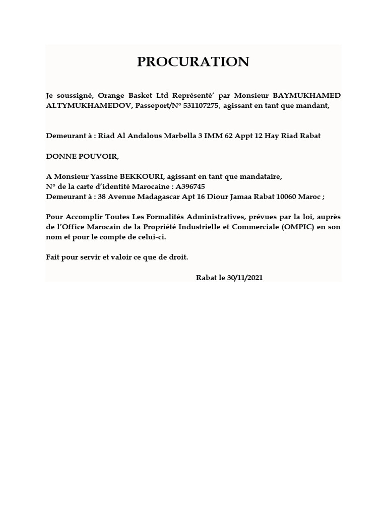 Pouvoir Du Mandataire | PDF