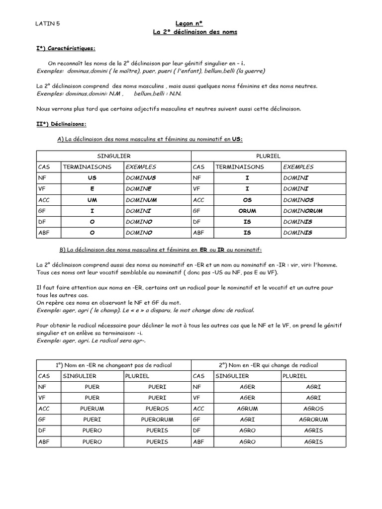 La 2o Declinaison Des Noms | PDF | Nombre grammatical | Syntaxe