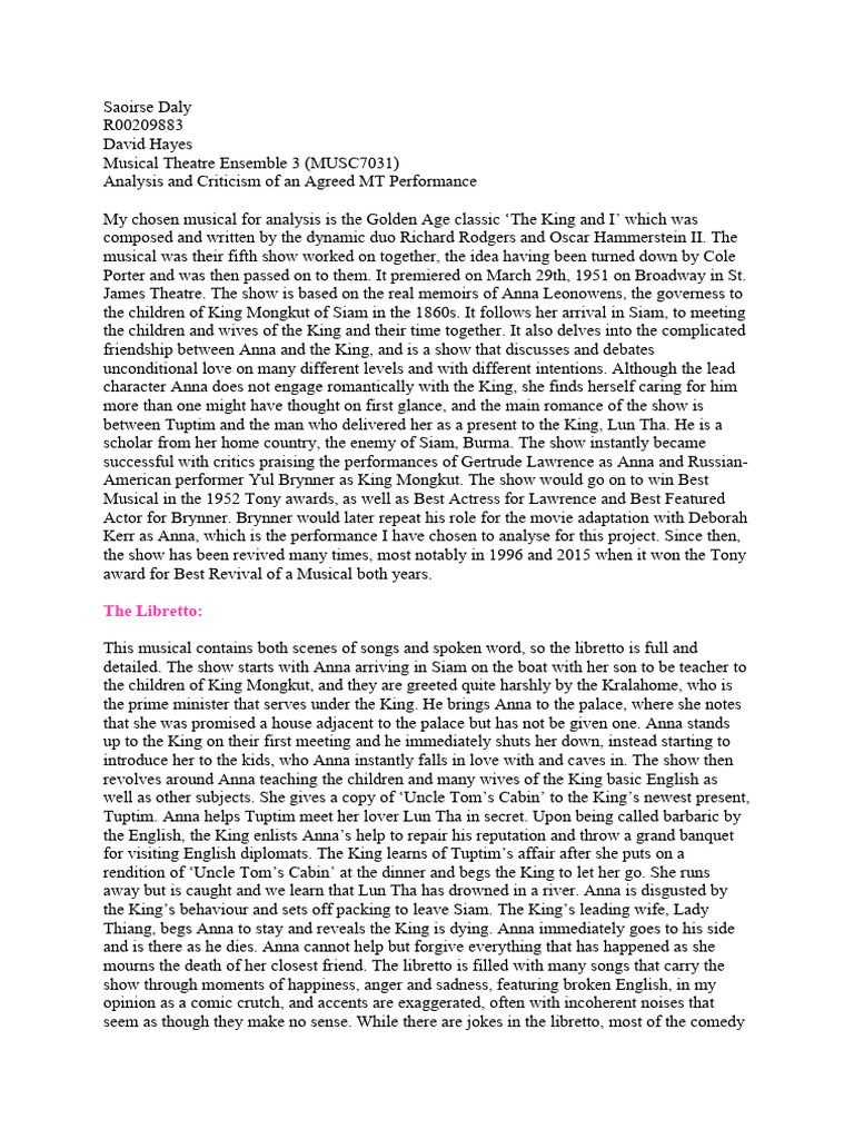 The King and I Assignment | PDF | Performing Arts