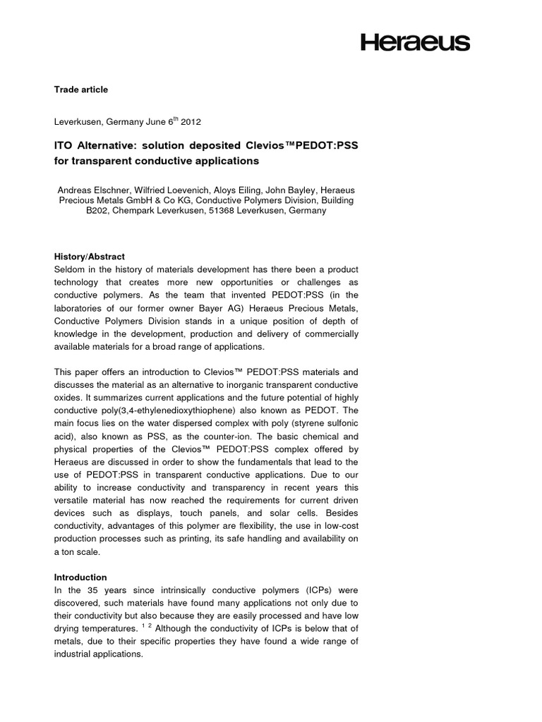 White Paper ITO Alternative Solution Deposited Clevios PEDOT PSS ...