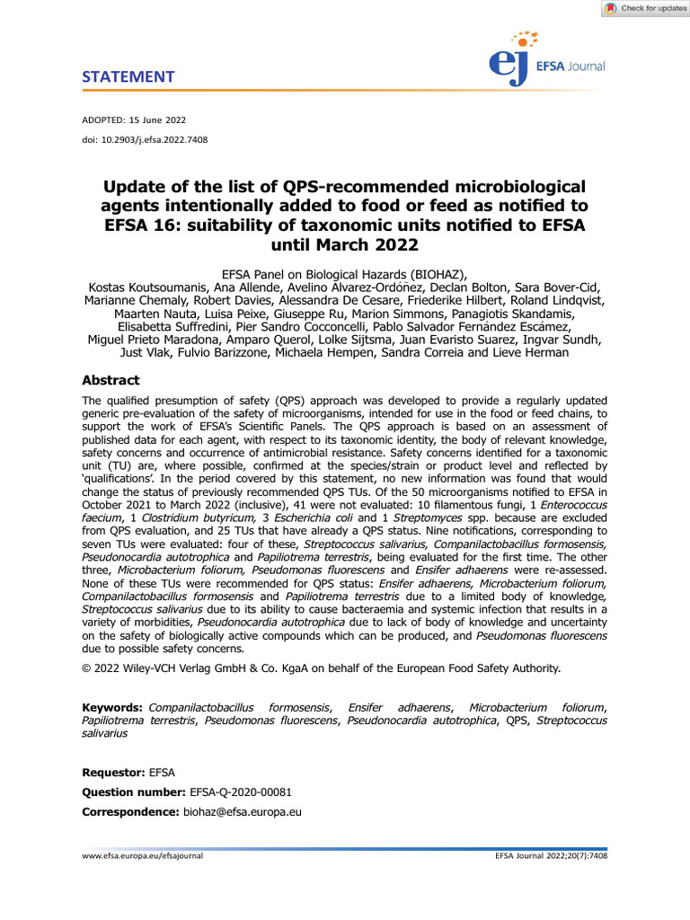 EFSA Journal - 2022 - Update of The List of QPS Recommended ...