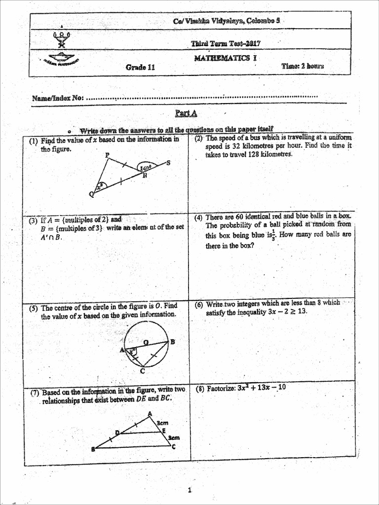 2017 Grade 11 Maths Third Term Paper English Medium Vishaka College | PDF