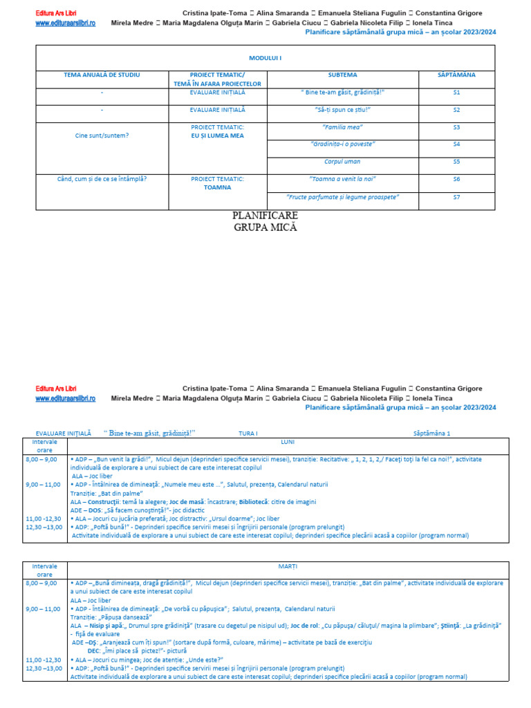 Planificarea Saptamanala Grupa Mica Ars Libri 2023 2024 | PDF