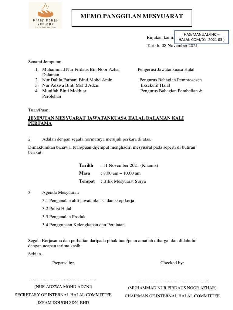 5 Memo Panggilan Mesyuarat Dfam | PDF