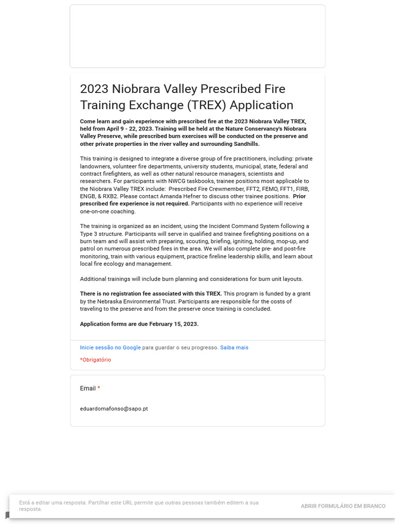 2023 Niobrara Valley Prescribed Fire Training Exchange (TREX) Application | PDF
