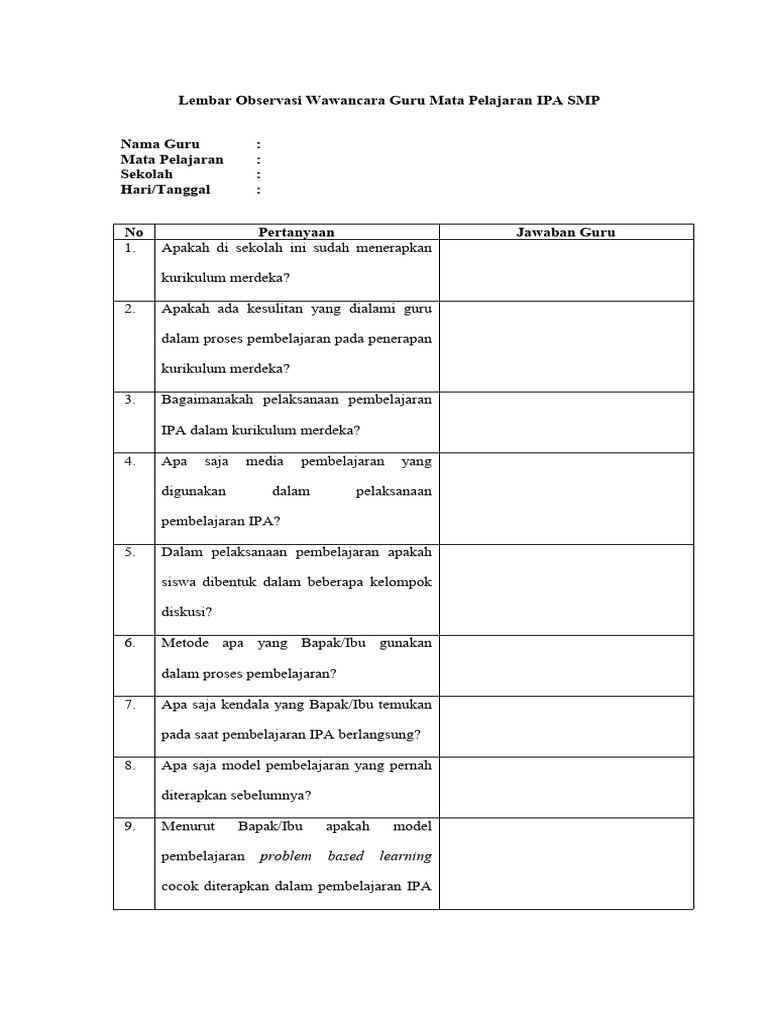 Lembar Observasi Wawancara Guru Mata Pelajaran IPA Gabungan | PDF