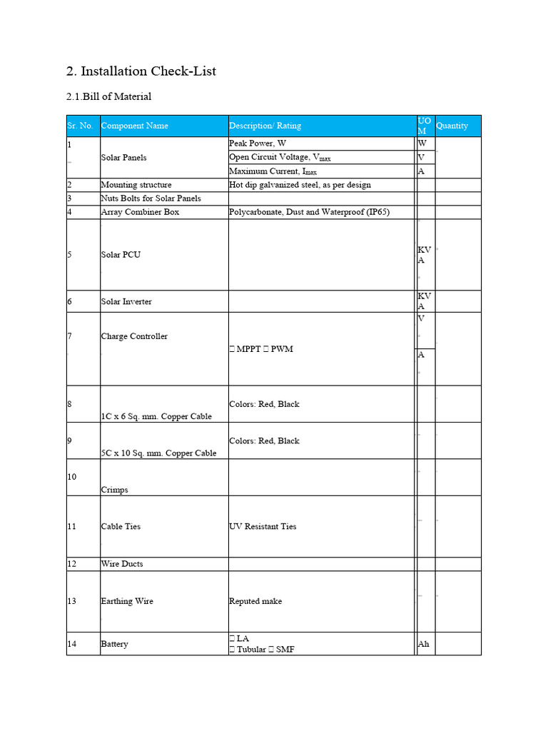 Installation Check-List: 2.1.bill of Material | PDF | Photovoltaic System | Photovoltaics