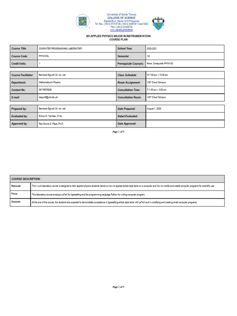 PHY4103L 2AP CoursePlan | PDF
