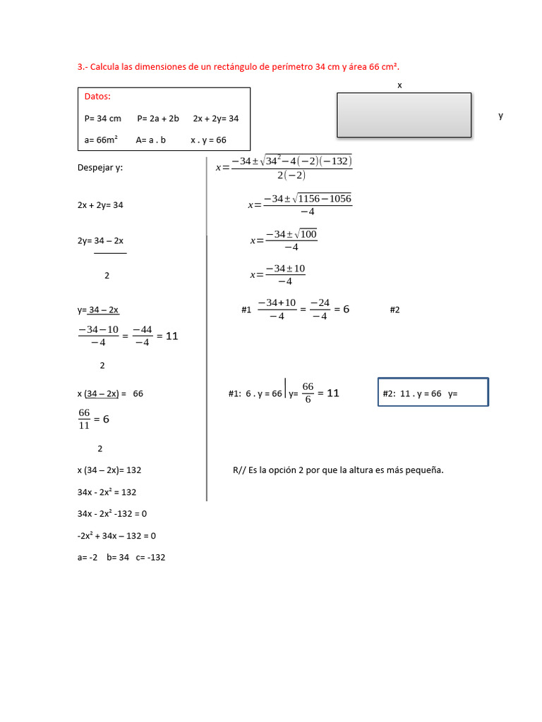 3.-Calcula Las Dimensiones de Un Rectángulo de Perímetro 34 CM y Área ...