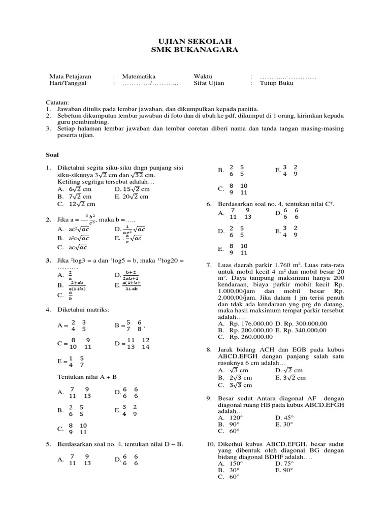 Soal Ujian Sekolah Matematika | PDF