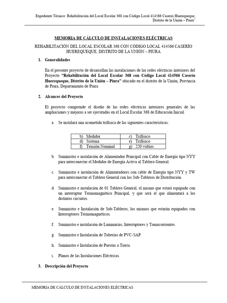 Memoria de Cálculo de Instalaciones Eléctricas | PDF