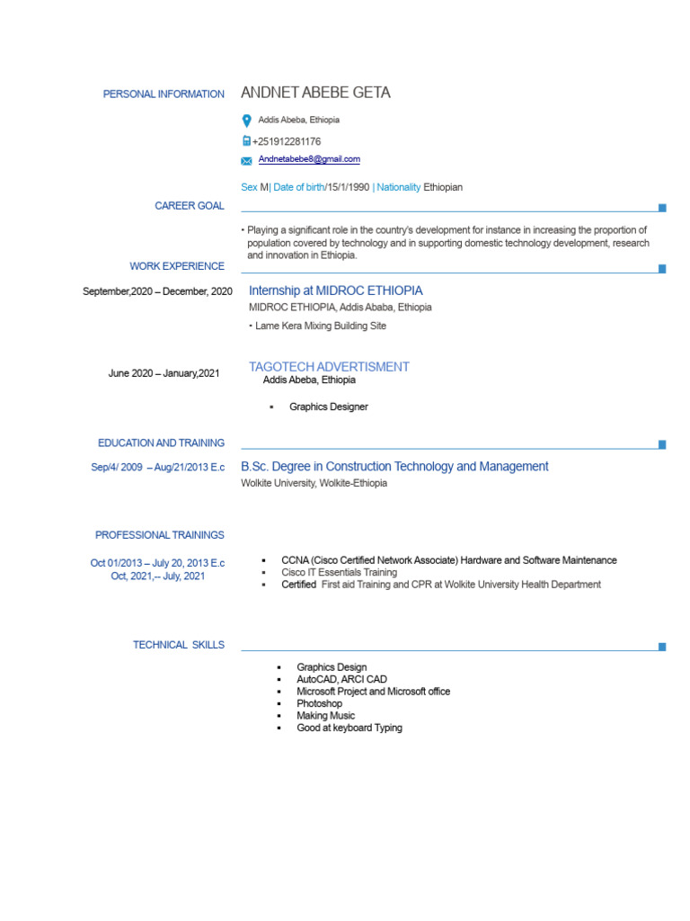 Andnet CV. | PDF | Ethiopia | Computing