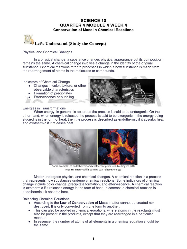 Science 10 Quarter 4 Module 4 Week 4: Conservation of Mass in Chemical ...