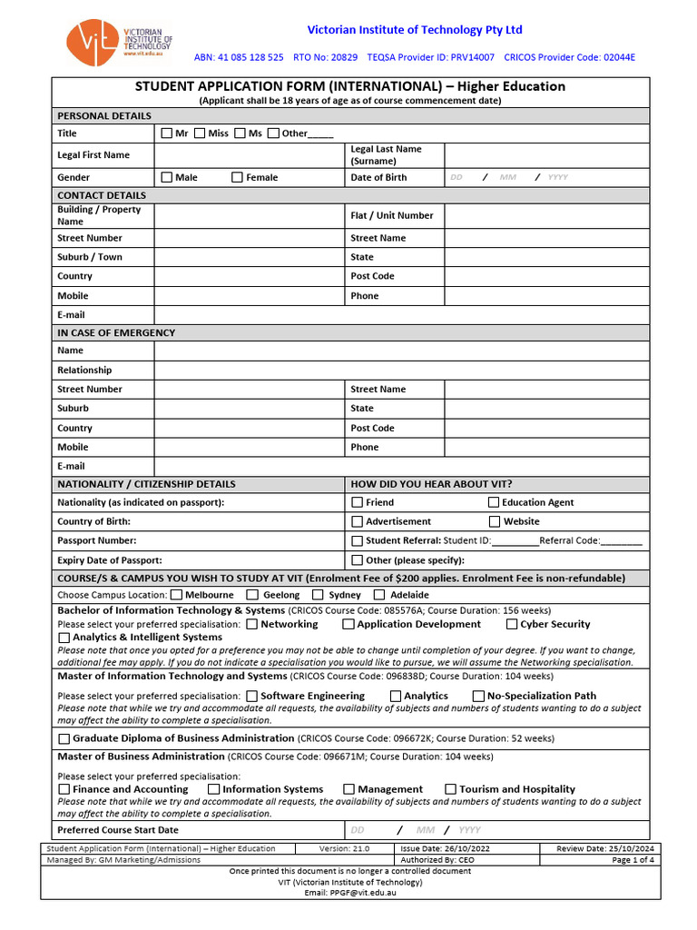 VIT International Student Application Form | PDF