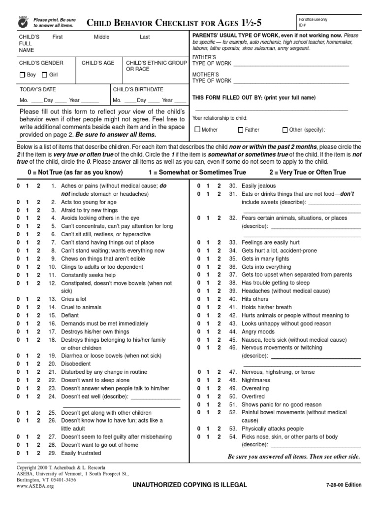 Child Behaviour Checklist For Young Children | PDF