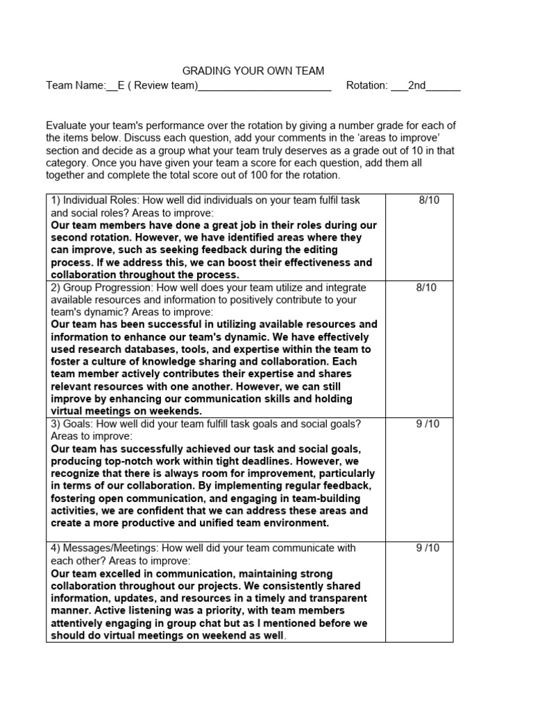 Team Performance Evaluation Summary | PDF | Business