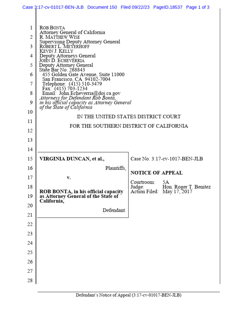 Appeal Notice in Duncan v. Bonta Case | PDF | Law