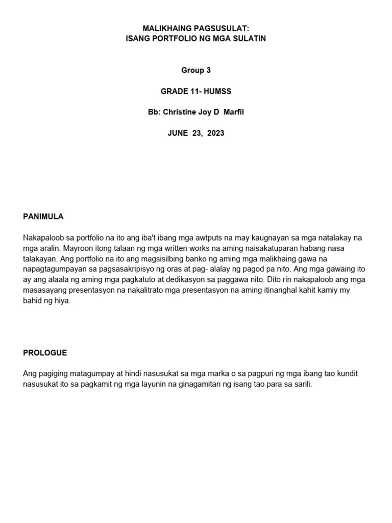 Portfolio, Malikhaing Pagsusulat | PDF