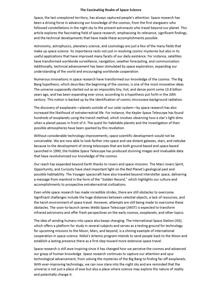 Space Science Essay | PDF | Outer Space | Space Exploration