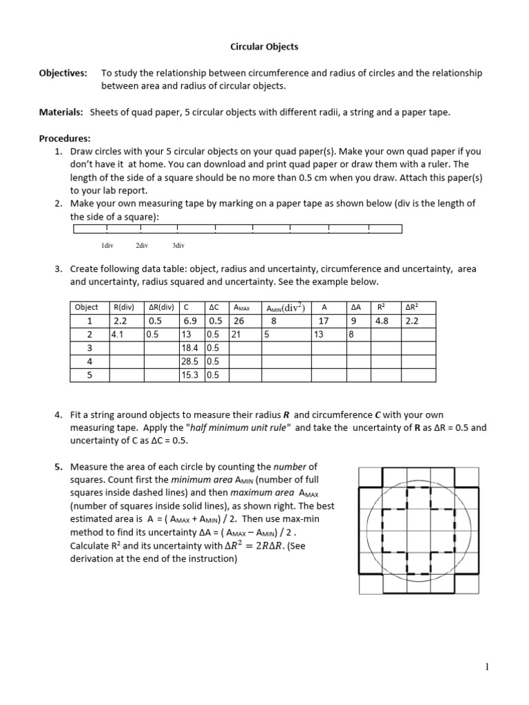 Lab 1 Circular Objects | PDF | Area | Radius