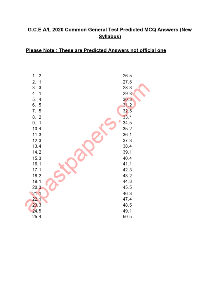 G.C.E A/L 2020 Common General Test Predicted MCQ Answers (New Syllabus ...