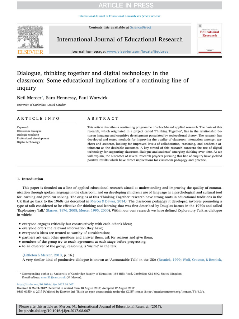 Dialogue, Thinking Together and Digital Technology in The Classroom - Some Educational ...