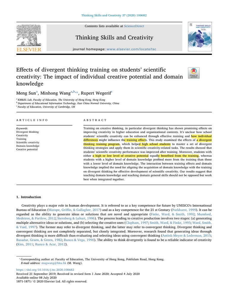Divergent Thinking Training Enhances Scientific Creativity | PDF ...