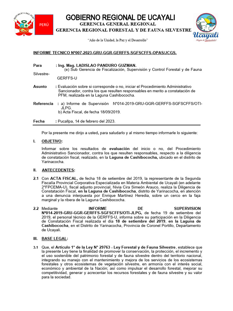 Informe Tecnico N°007-2023-Archivo-Caso-Exp-023-2019-Cashibo Ecologe-Yarinacocha | PDF