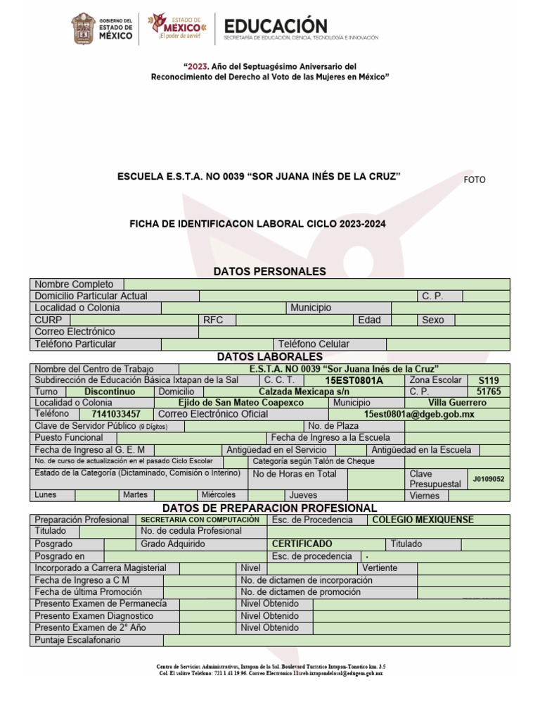 Ficha de Identificación Laboral 2023-2024 | PDF | Educación primaria ...