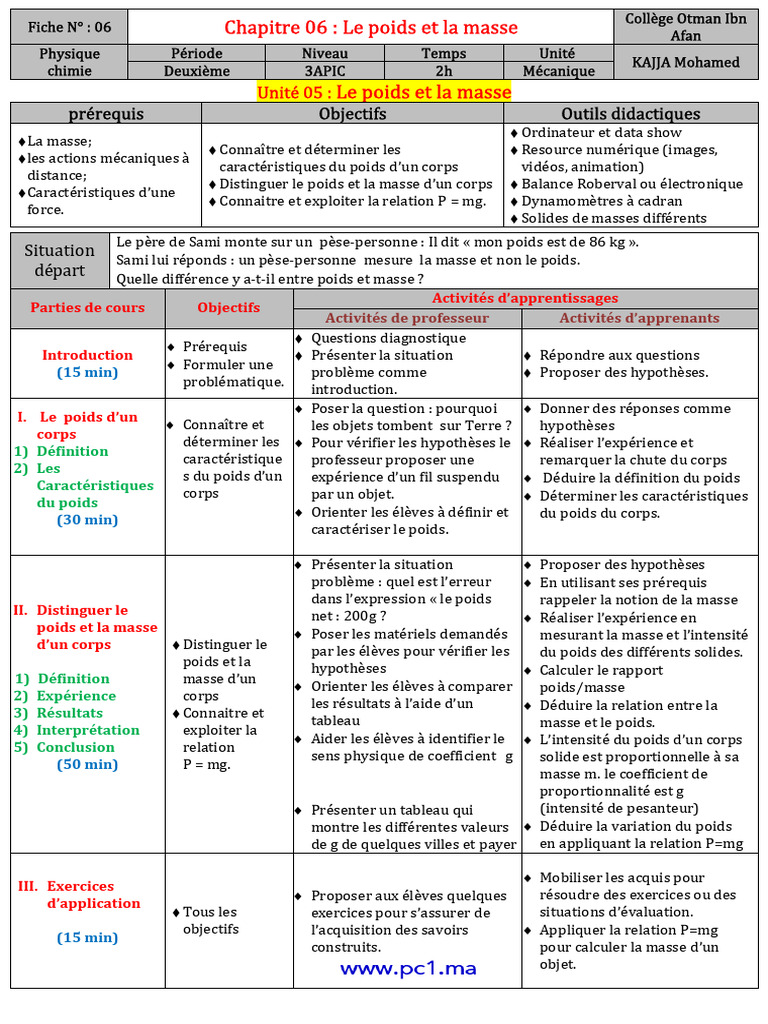 06-Fiche-Le Poids Et La masse-KAJJA (WWW - Pc1.ma) | PDF