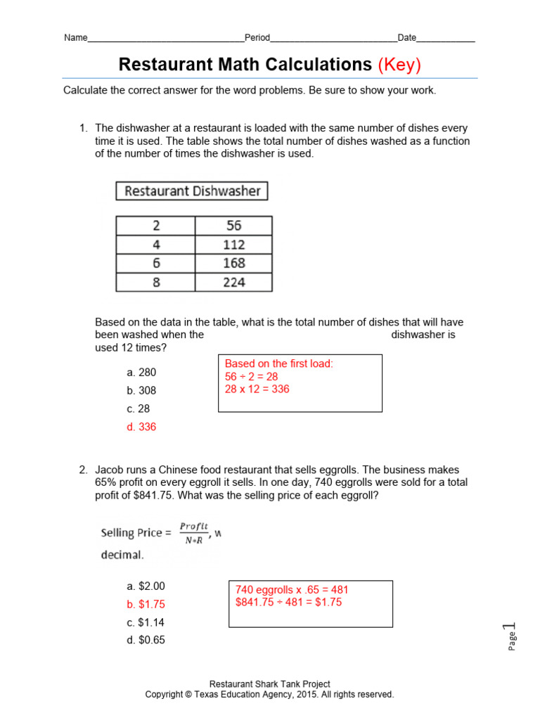 Restaurant Math Calculations Key | PDF | Foods | Food And Drink