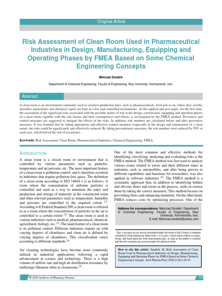 GOOD Risk Assessment of Clean Room Used in Pharmaceutical Industries in ...