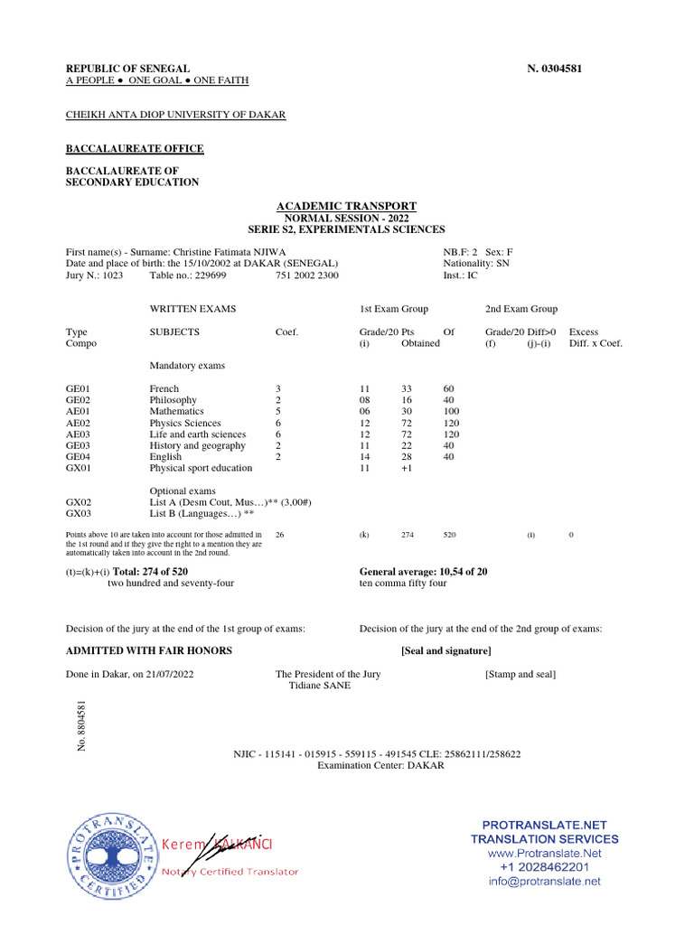 Releve de Notes Du Bac en | PDF