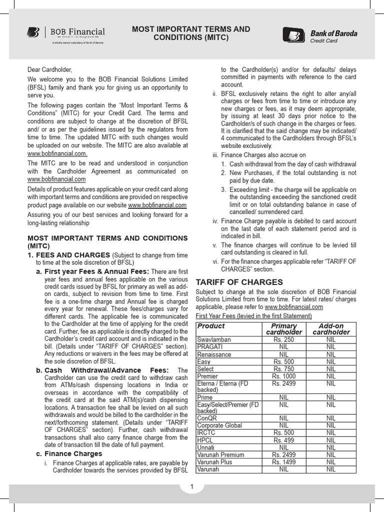 BoB - MITC - A4 Booklet - Ver 5.0 - 25JAN23 New | PDF | Credit Card | Payments